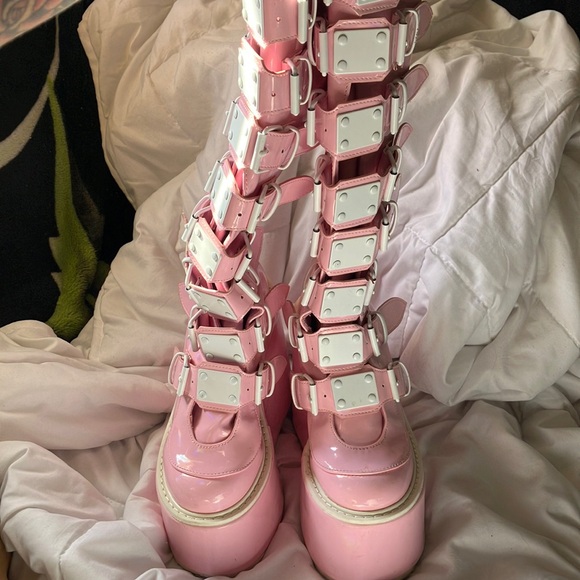 Demonia | Shoes | Demonia Pink And White Kneehigh Boots With Straps ...